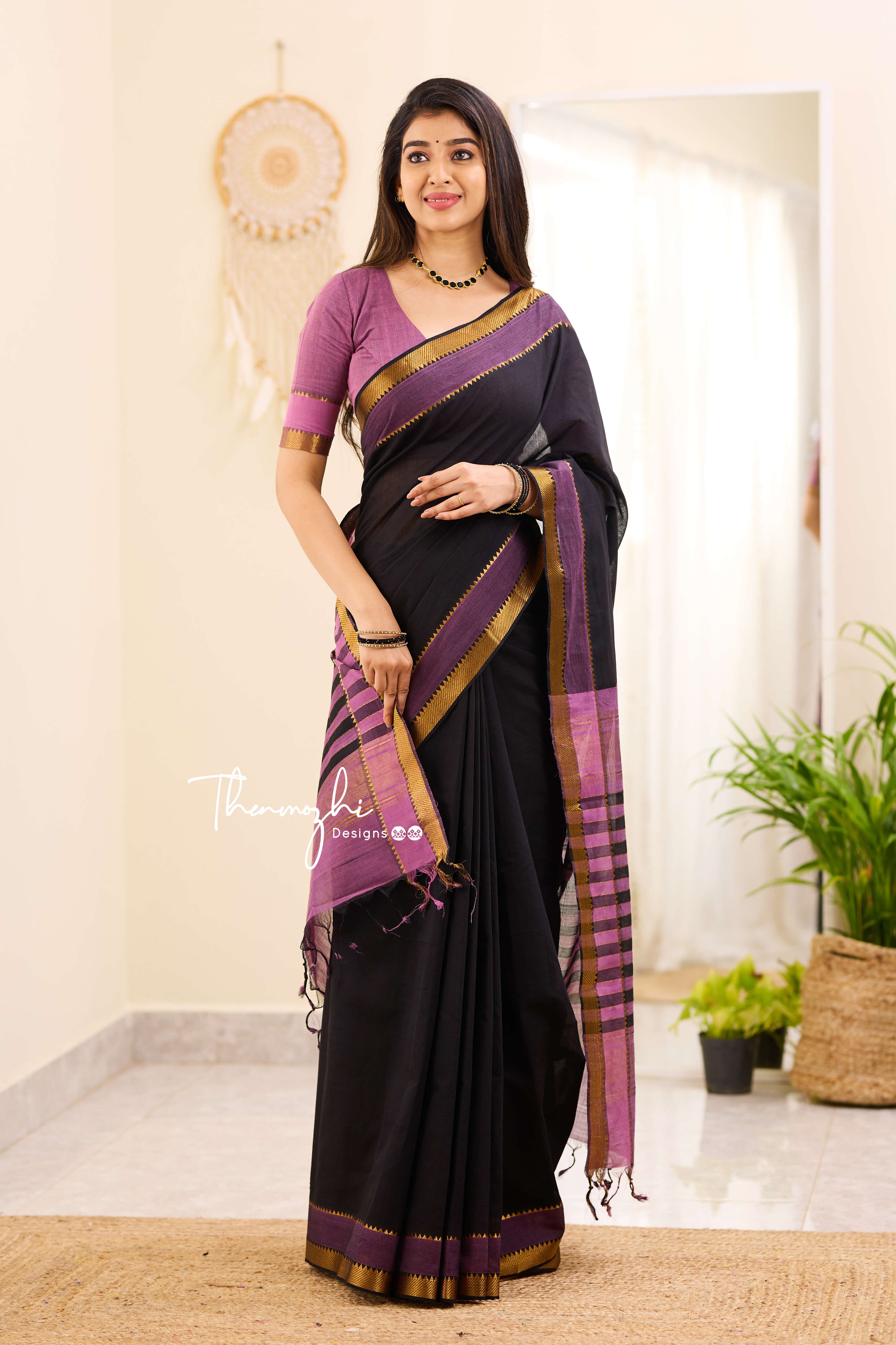 Fusion Black Mangalagiri Cotton Saree