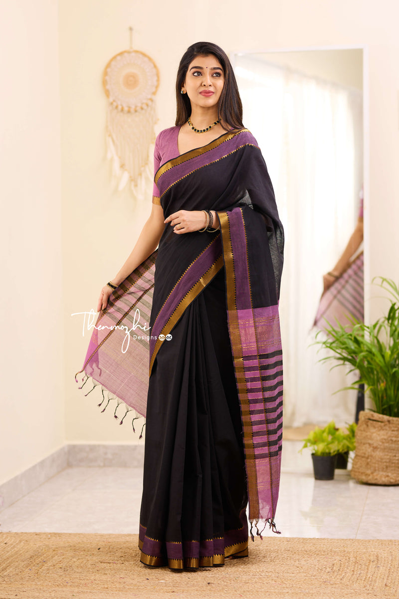 Fusion Black Mangalagiri Cotton Saree