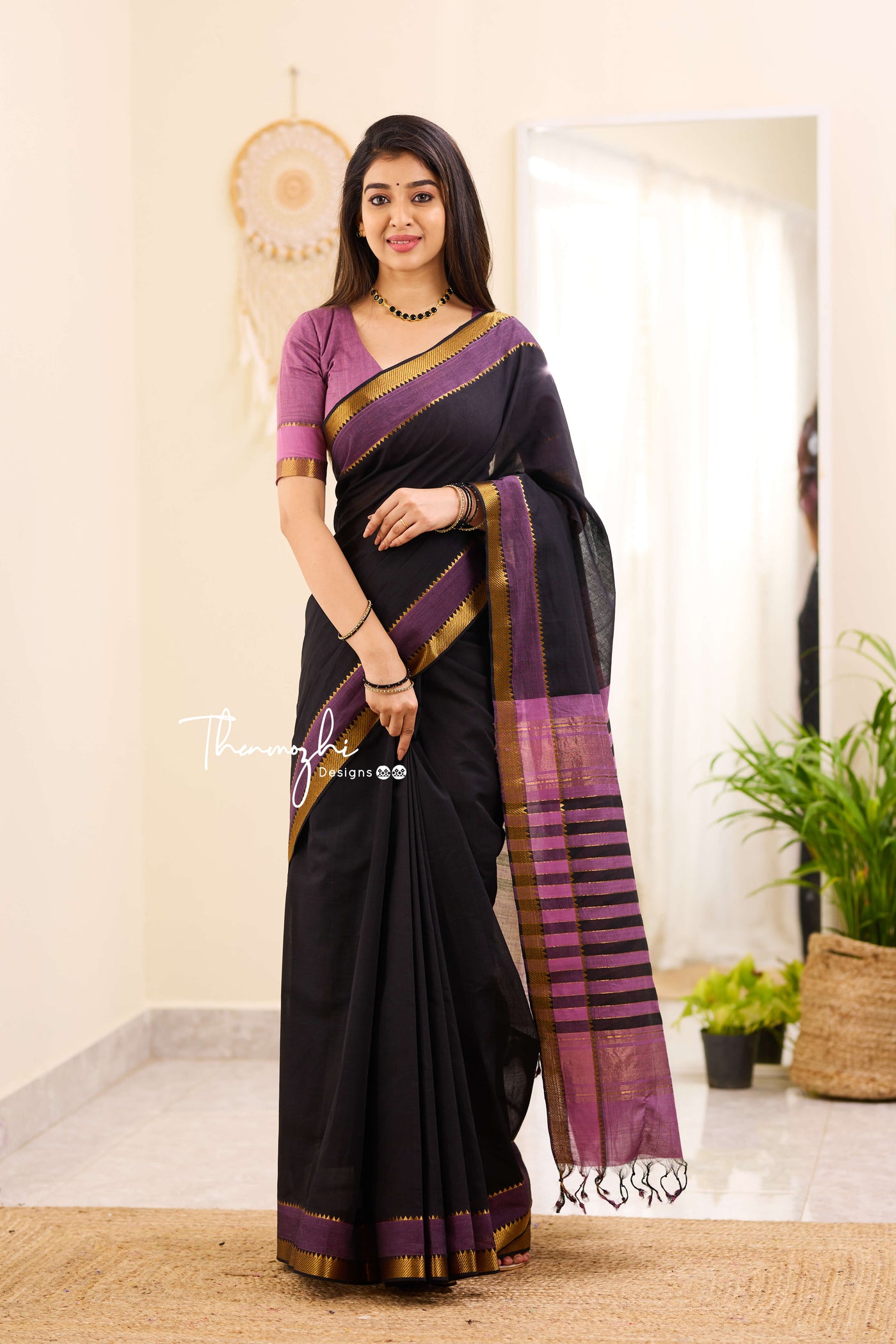 Fusion Black Mangalagiri Cotton Saree