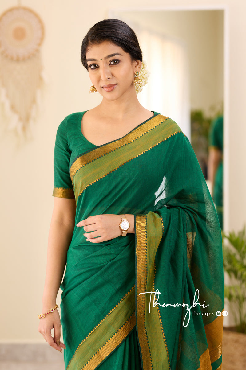 Fusion Dark Green Mangalagiri Cotton Saree