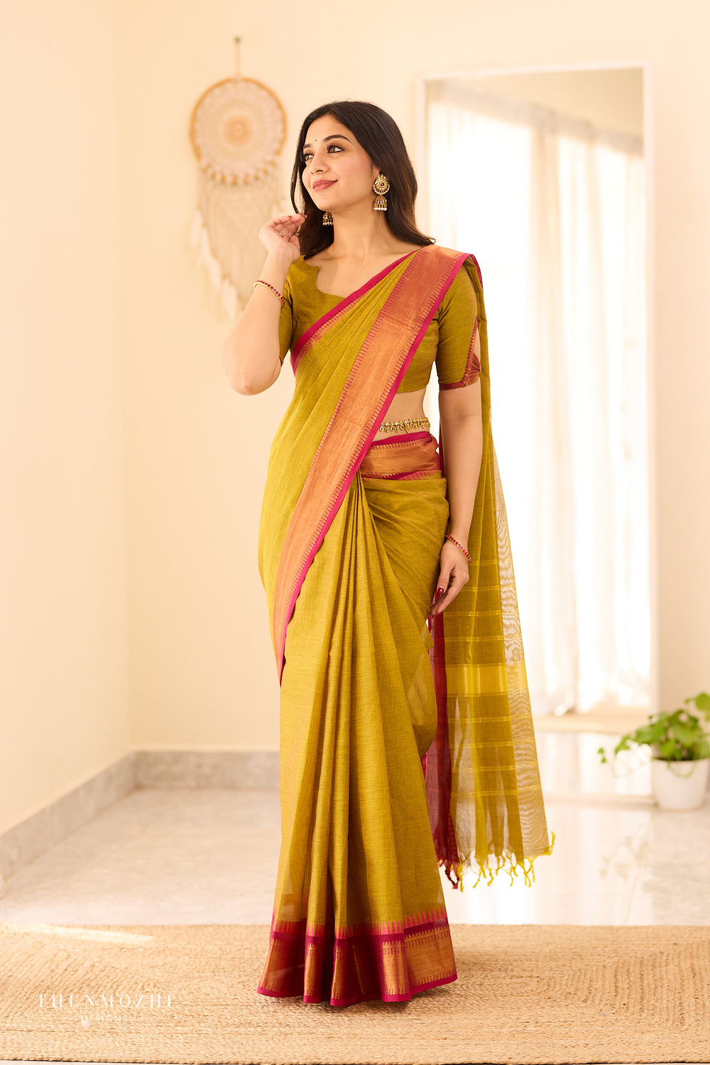 Miss Green Chettinad Cotton Saree with Pink Zari Border