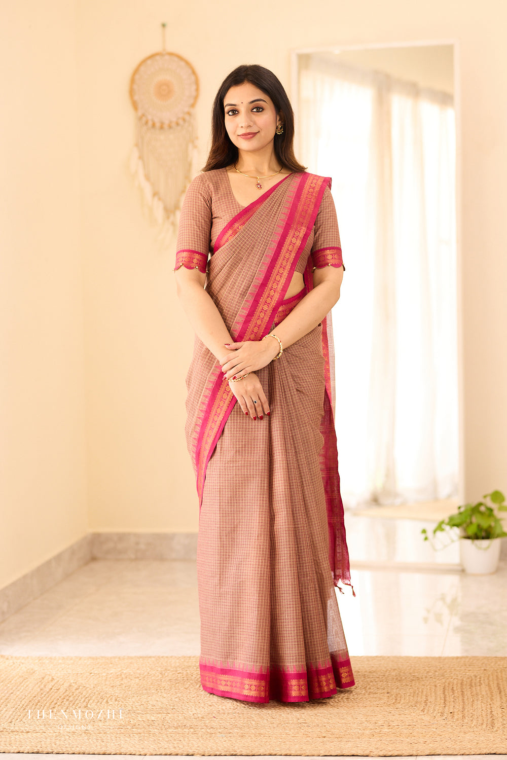 Muted Cocoa brown Chettinad Cotton with Rani Pink Border