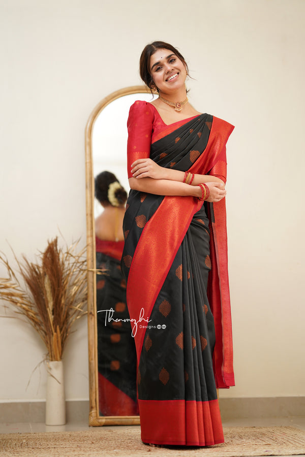 Ladies Cotton Silk Saree Black With Red Border