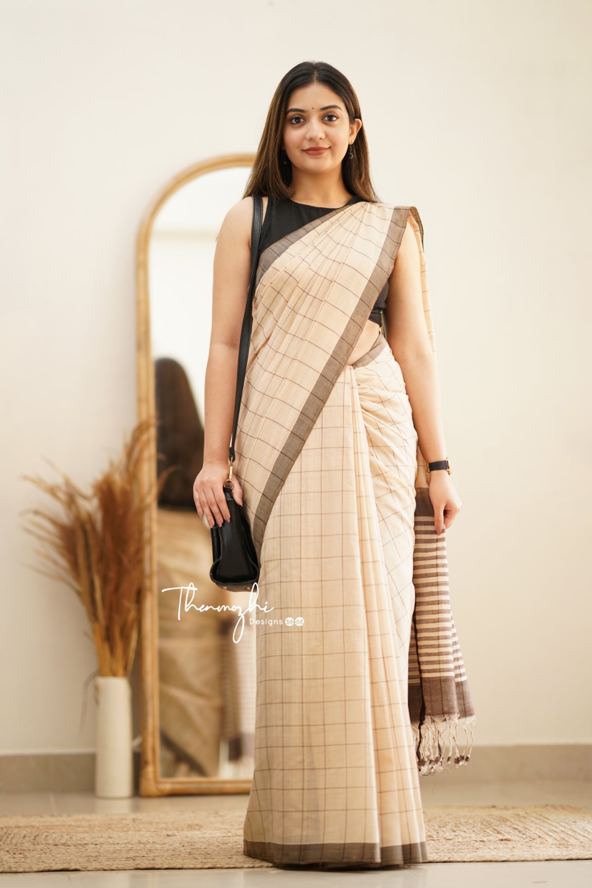 Half White & Black Checks Mangalagiri Cotton Saree