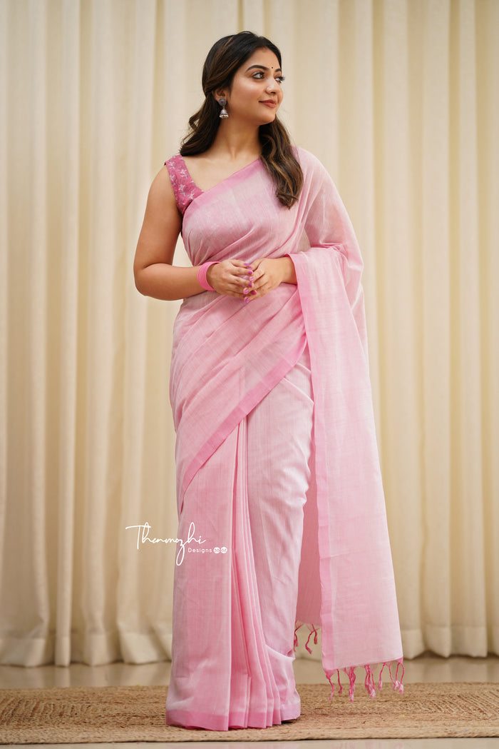 Flamingo Pink Cotton Saree At Thenmozhi Designs